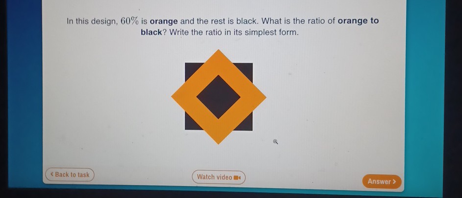 In this design, 60 % is orange and the rest is black. What is the ratio ...