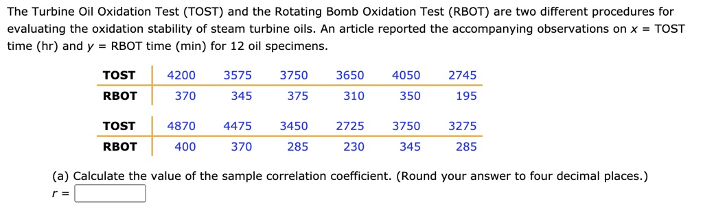 SOLVED: The Turbine Oil Oxidation Test (TOST) and the Rotating Bomb ...