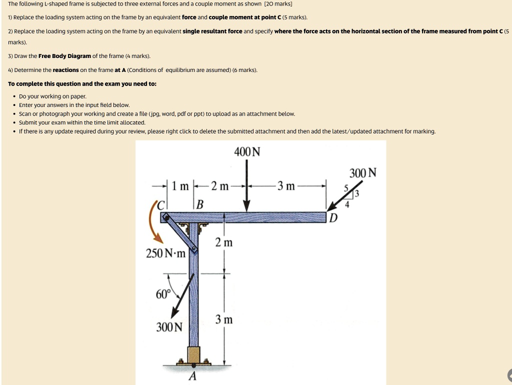 the following l shaped frame is subjected to three external forces and a couple moment as shown ...