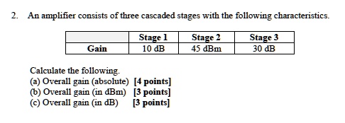 SOLVED: An amplifier consists of three cascaded stages with the following characteristics: Stage ...