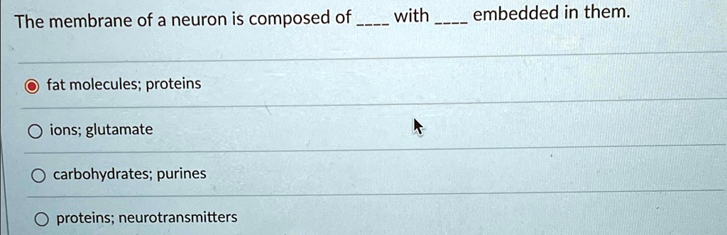 The membrane of a neuron is composed of with embedded in them. fat ...