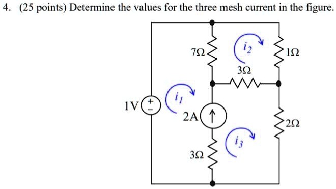 [GET ANSWER] 4. (25 points) Determine the values for the three mesh current in the figure. 7? i2 ...
