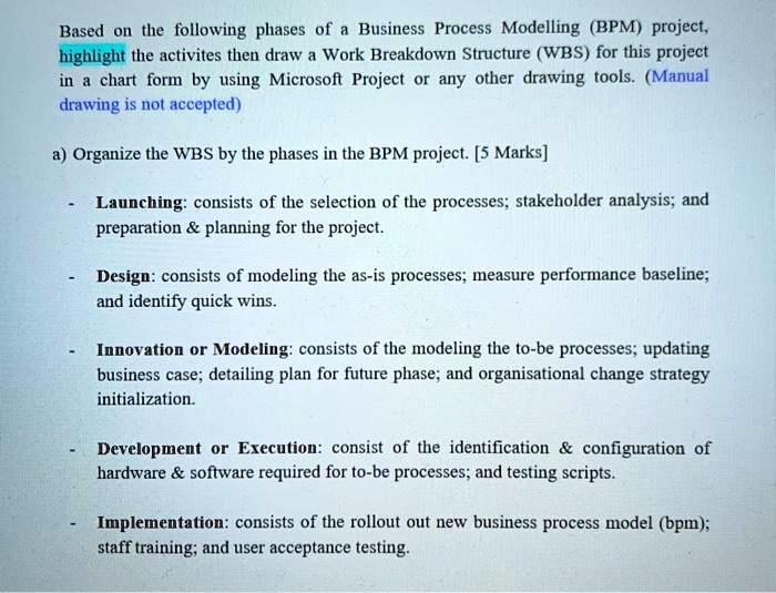 SOLVED: Based on the following phases of a Business Process Modelling (BPM) project, highlight ...