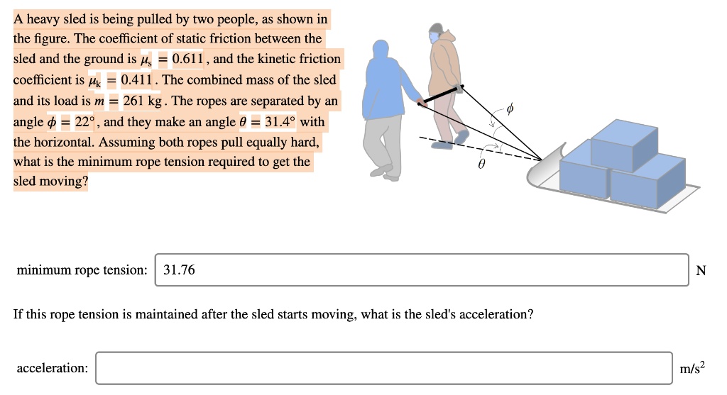 SOLVED: heavy sled is being pulled by two people, as shown in the figure. The coefficient of ...