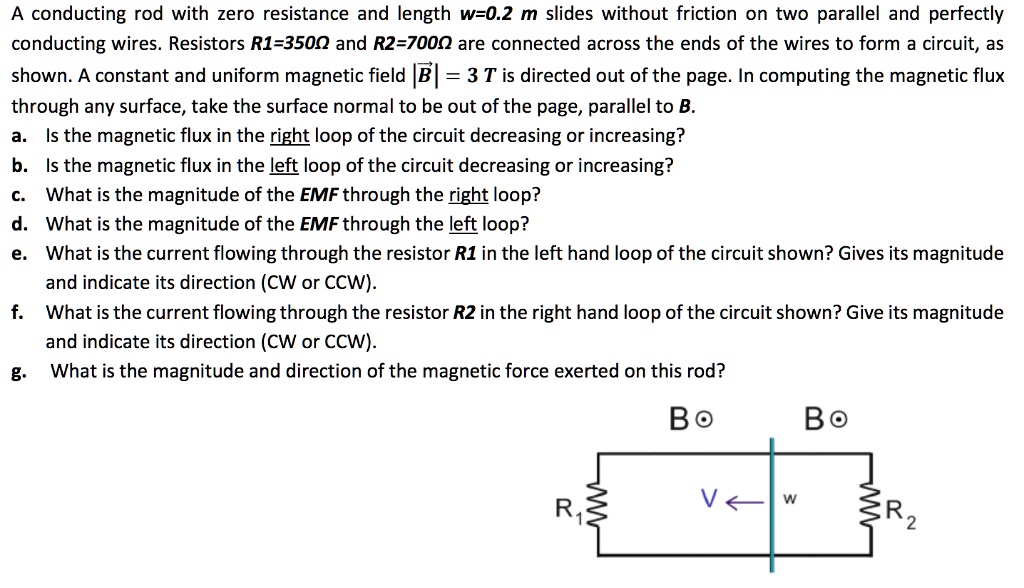 SOLVED: A conducting rod with zero resistance and length w=0.2 m slides ...