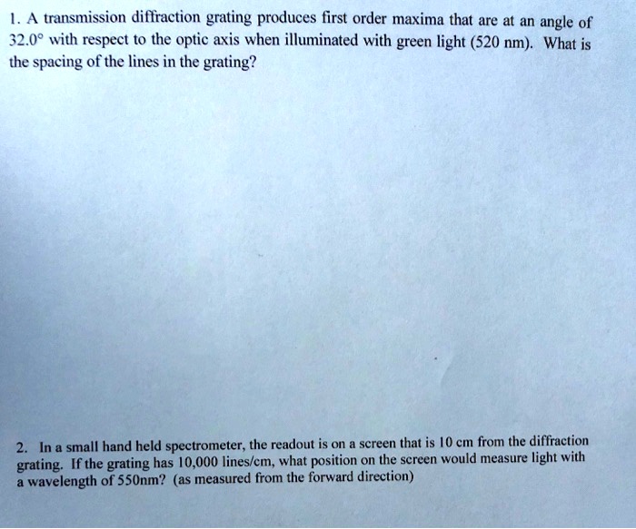 SOLVED: A transmission diffraction grating produces first-order maxima that are at an angle of ...