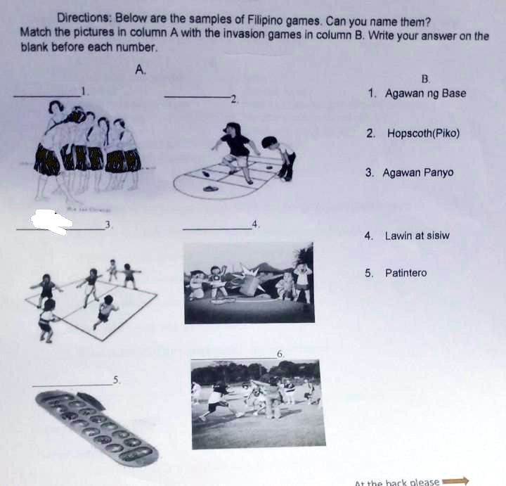 Directions: Below are the samples of Filipino games. Can you name them ...