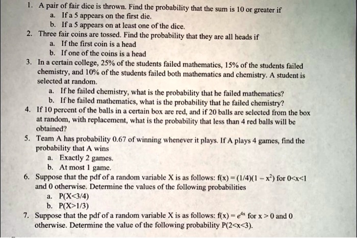 SOLVED: A pair of fair dice is thrown Find the probability that the sum is 10 or greater Ifa ...