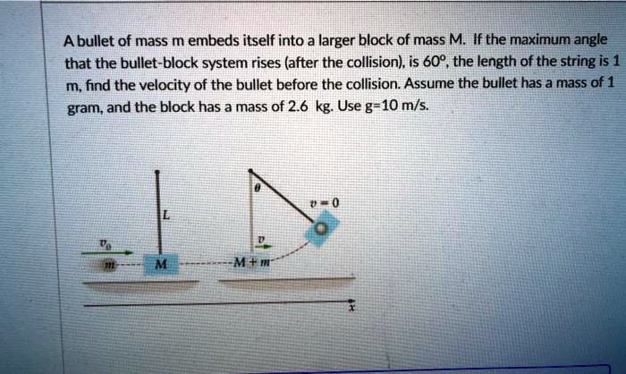SOLVED: A bullet of mass m embeds itself into a larger block of mass M ...