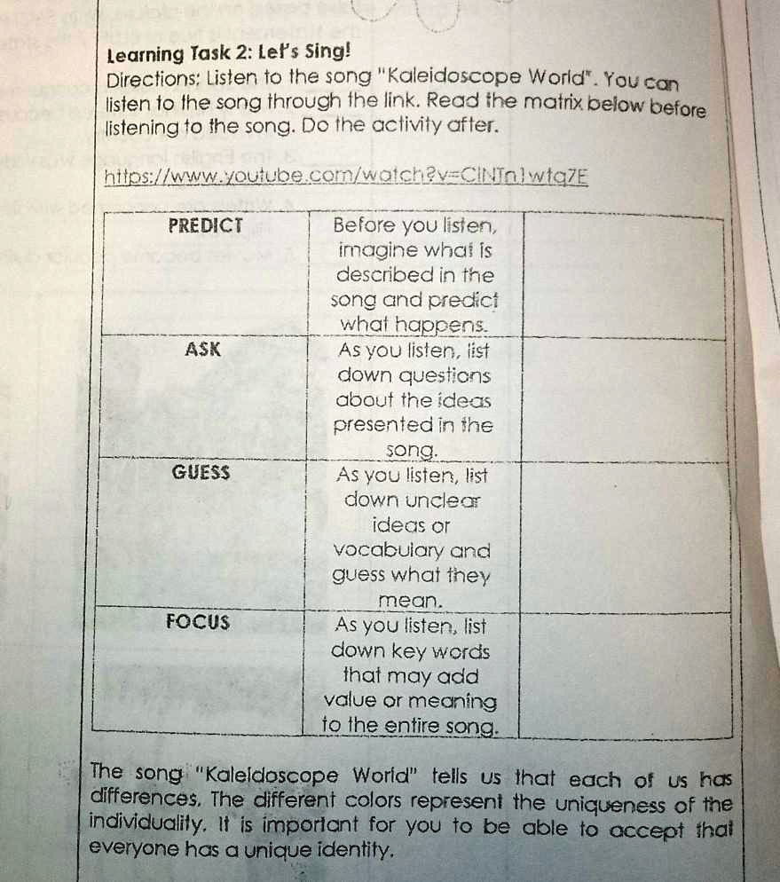 guys pahelp please kailangan ko na po huhu learning task 2 leks sing ...