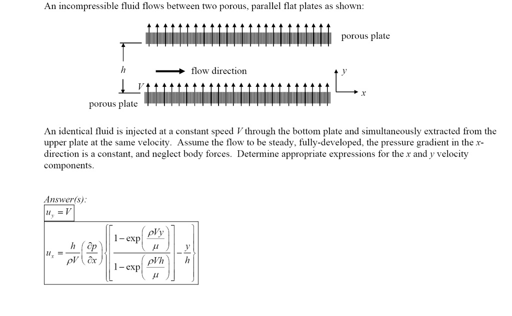 An incompressible fluid flows between two porous, parallel flat plates ...