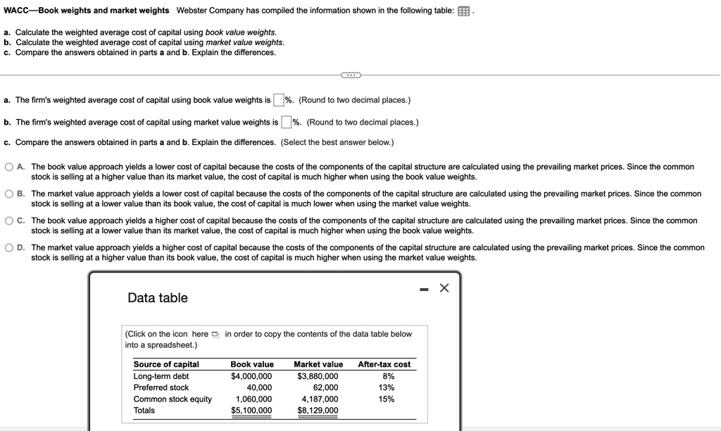 SOLVED: WACC-Book weights and market weights Webster Company has ...