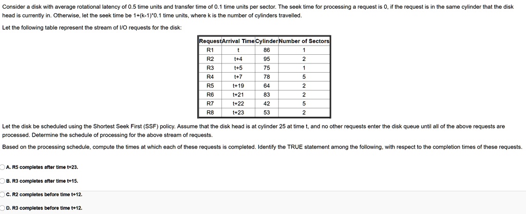 Consider a disk with an average rotational latency of 0.5 time units and a transfer time of 0.1 ...