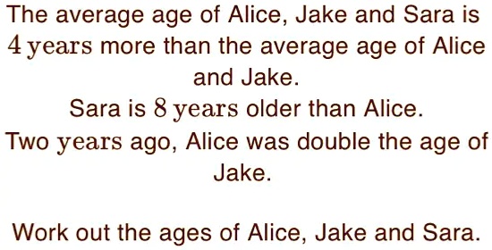 [GET ANSWER] The average age of Alice, Jake and Sara is 4 years more ...
