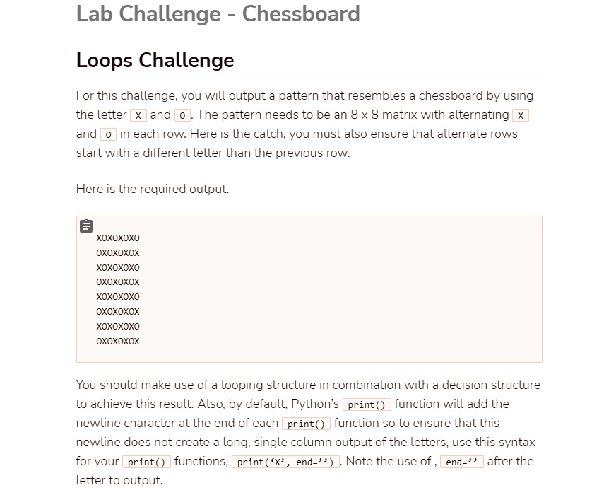 Lab Challenge - Chessboard Loops Challenge For this challenge, you will ...