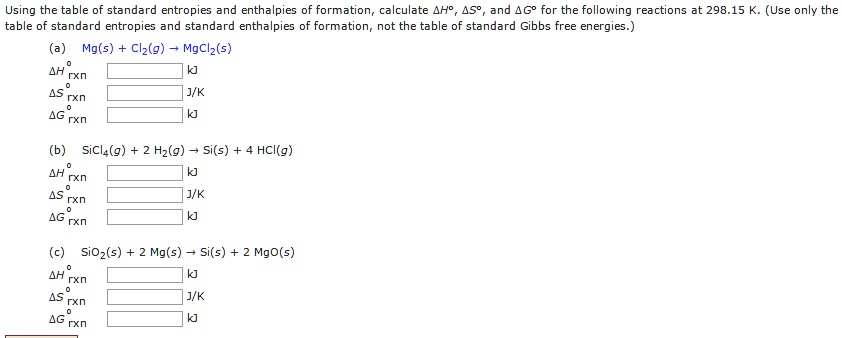 using the table of standard entropies and enthalpies of formation calculate delta h degree delta ...
