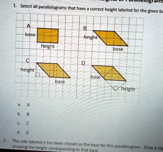 SOLVED: Jubtam: Select all parallelograms that have the correct height labeled for the given ...