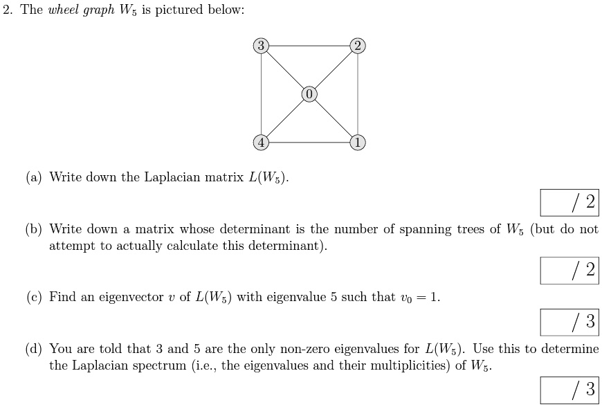 SOLVED: Write down the Laplacian matrix L(W5). (a) Write down a matrix ... SOLVED: Write down the Laplacian matrix L(W5). (a) Write down a matrix ...