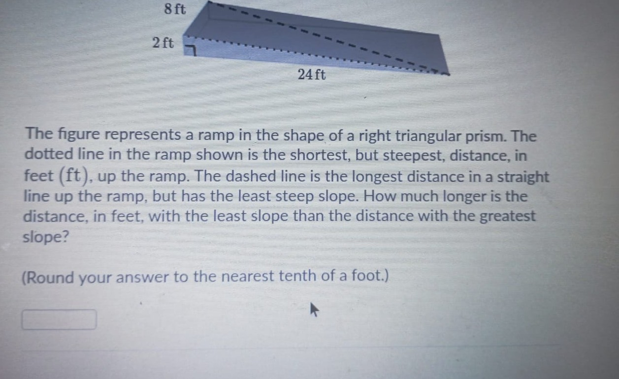 The figure represents a ramp in the shape of a right triangular prism. The dotted line in the ...