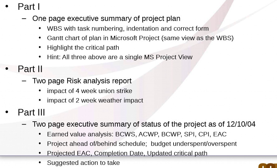 SOLVED: Part I: One-page executive summary of project plan WBS with ...