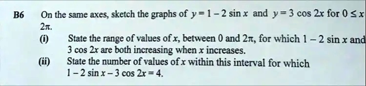 On the same axes, sketch the graphs of y = 2 sin x and y = 3 cos 2x for 0