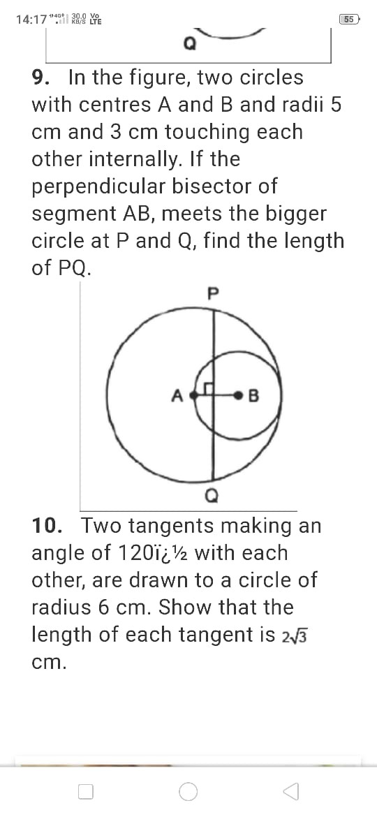 SOLVED: 55. 9. In the figure, two circles with centres A and B and radii 5 cm and 3 cm touching ...