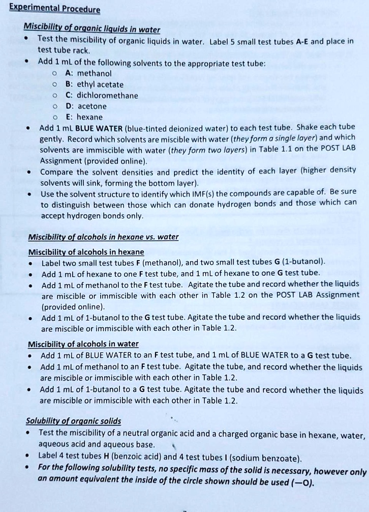 experimental procedure miscibility of organic liquids in water test the ...