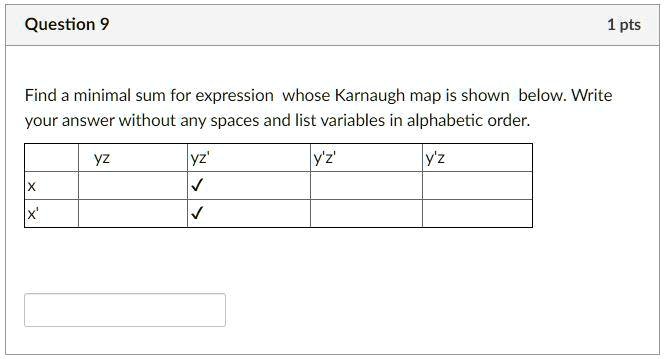 SOLVED: Question 9 1 pts Find minimal sum for expression whose Karnaugh ... SOLVED: Question 9 1 pts Find minimal sum for expression whose Karnaugh ...