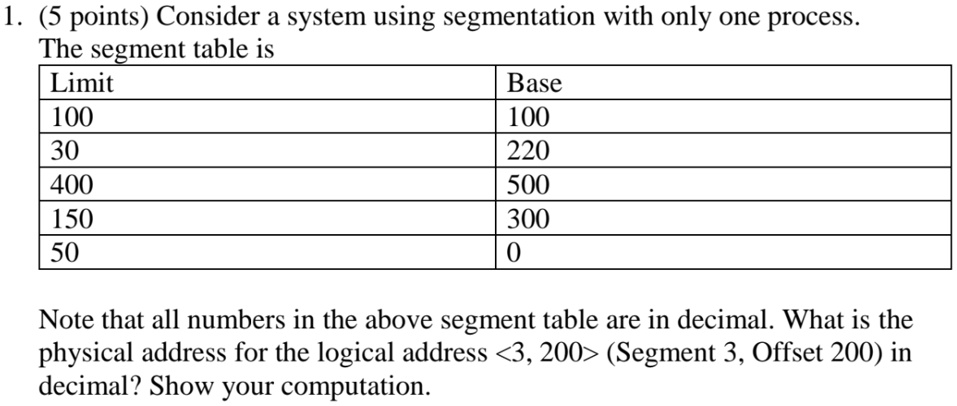 SOLVED: Consider a system using segmentation with only one process 1. (5 points) Consider a ...