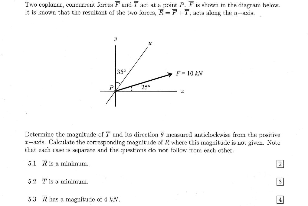 SOLVED: Two coplanar, concurrent forces F and T act at a point P.F is shown in the diagram below ...