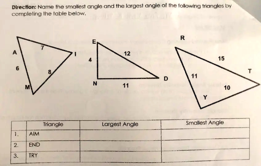 SOLVED: Direction: Name the smallest angle and the largest angle of the following triangles by ...