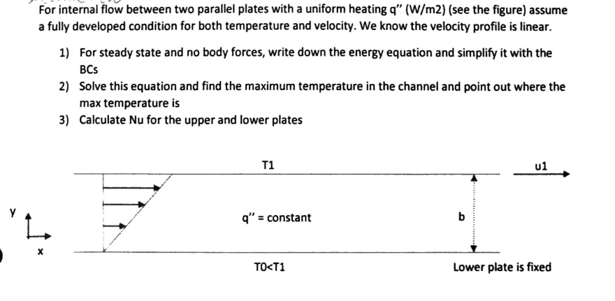 For internal flow between two parallel plates with a uniform heating q ...