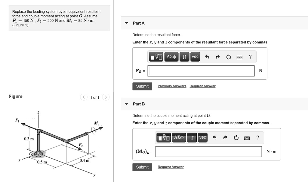 Replace the loading system by an equivalent resultant force and couple moment acting at point O ...