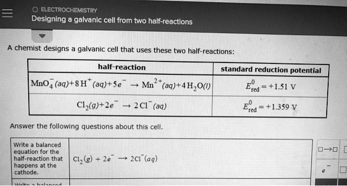 SOLVED: ELECTROCHEMISTRY: Designing a Galvanic Cell from Two Half ...