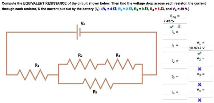 Compute the EQUIVALENT RESISTANCE of the circuit shown below. Then find the voltage drop across ...