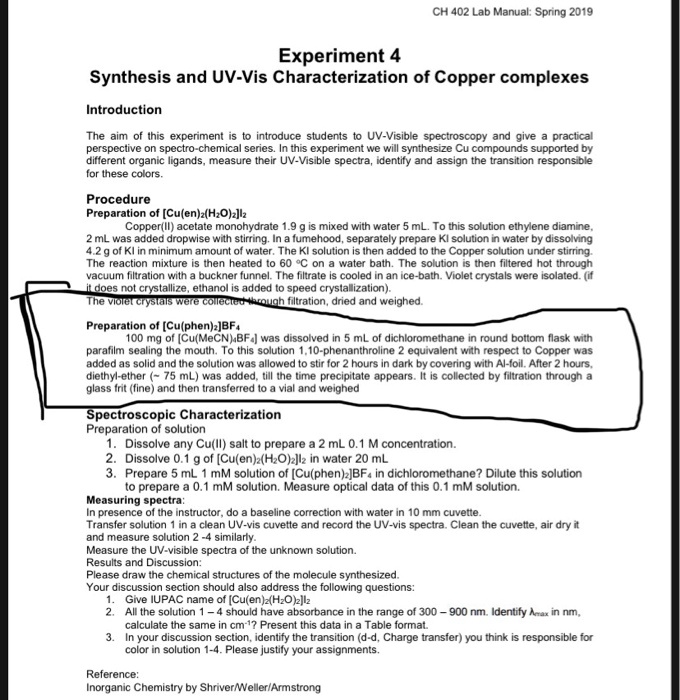 SOLVED: Text: CH 402 Lab Manual: Spring 2019 Experiment 4 Synthesis and UV-Vis Characterization ...