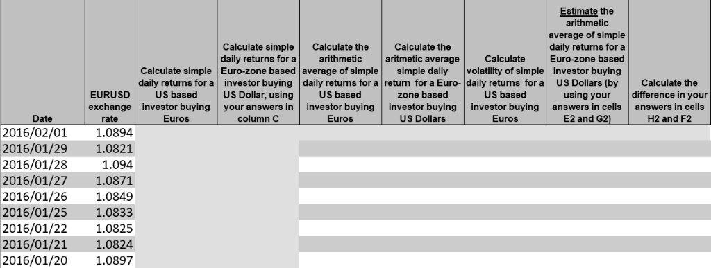 Calculate simple daily returns for a EURUSD US based exchange investor ...