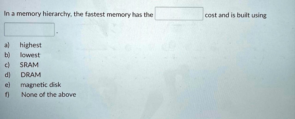 SOLVED: In a memory hierarchy, the fastest memory has the cost and is ...