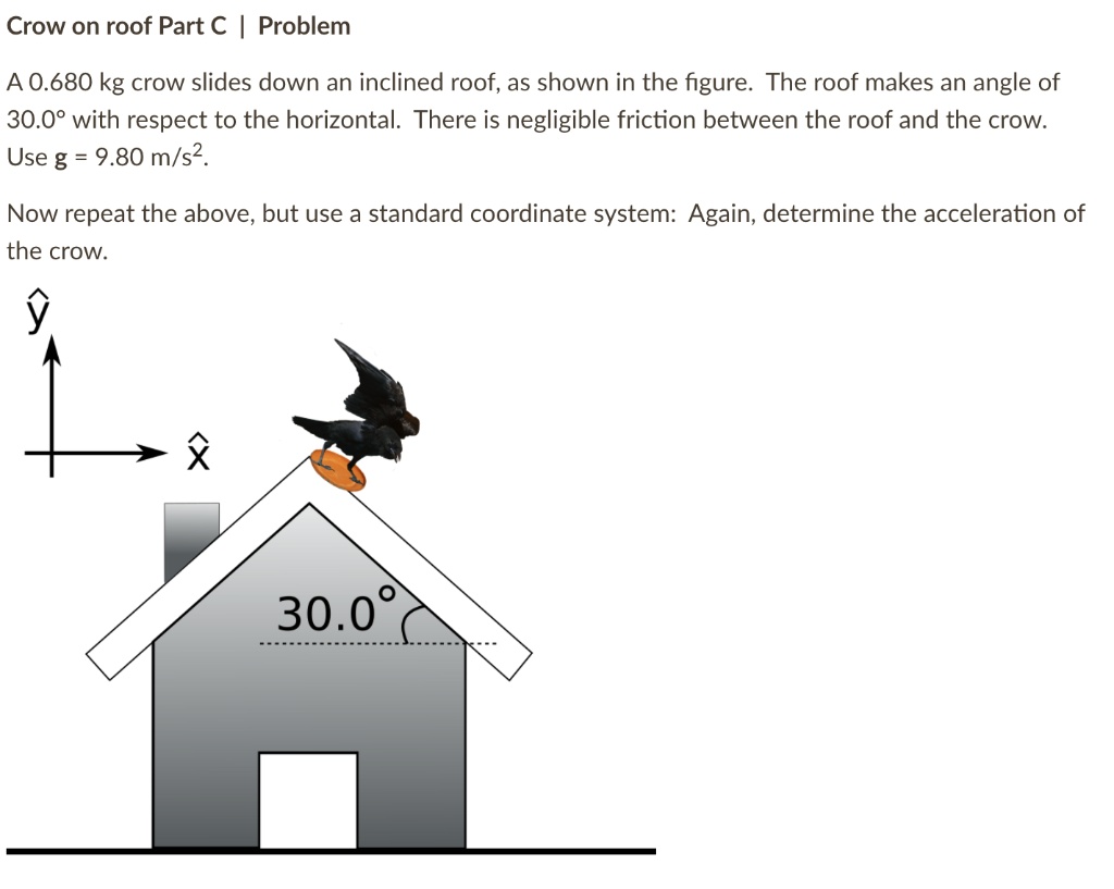 SOLVED: Crow on roof Part C Problem A 0.680 kg crow slides down an ...