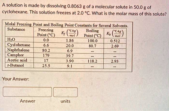 SOLVED: A solution is made by dissolving 0.8063 g of a molecular solute in 50.0 g of cyclohexane ...