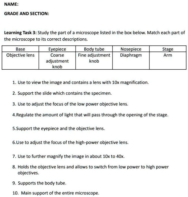 SOLVED: Name: Grade and Section: Learning Task 3: Study the parts of a microscope listed in the ...