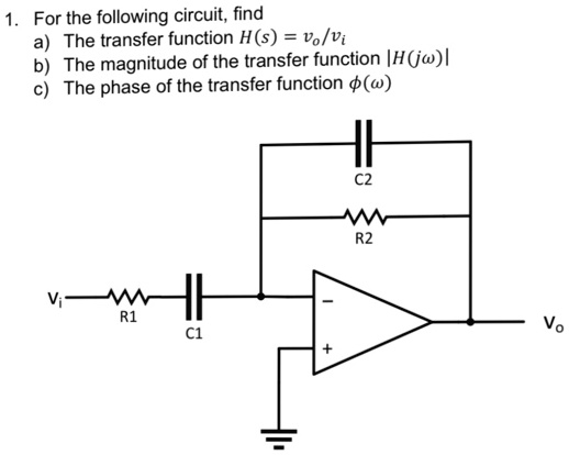 SOLVED: For the following circuit, find: a) The transfer function H(s) = vo/vi b) The magnitude ...