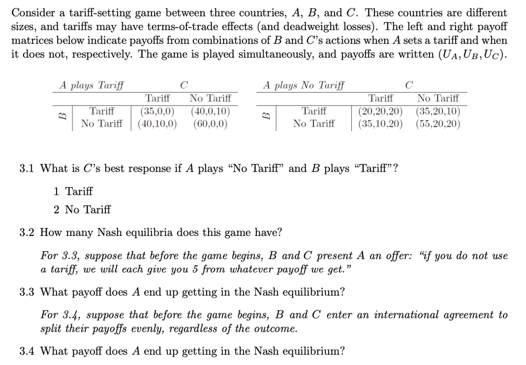 Consider a tariff-setting game between three countries, A, B, and C. These countries are ...