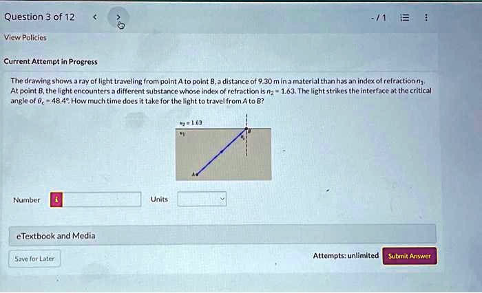 Question 3 of 12 View Policies Current Attempt in Progress The drawing shows a ray of light ...