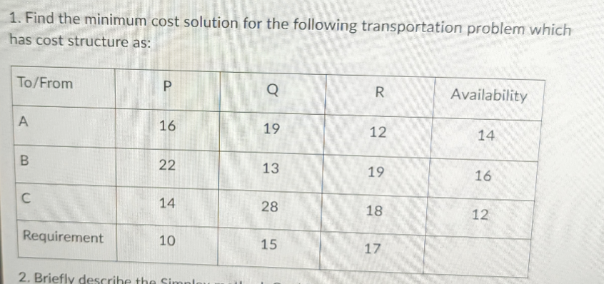 1 Find The Minimum Cost Solution For The Following Transportation Problem Which Has Cost