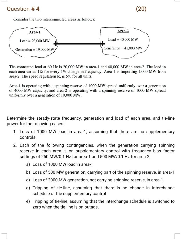 SOLVED: Question #4 (20) Consider the two interconnected areas as ...