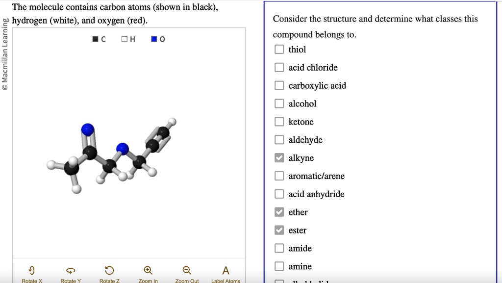 The molecule contains carbon atoms (shown in black). Consider the ...