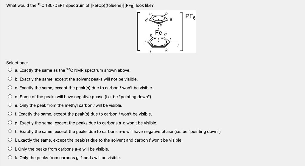 SOLVED:What would the 13C 135-DEPT spectrum of [Fe(Cp) (toluene)][PFe ...