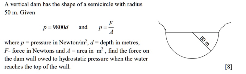 a vertical dam has the shape of a semicircle with radius 50 m given p ...