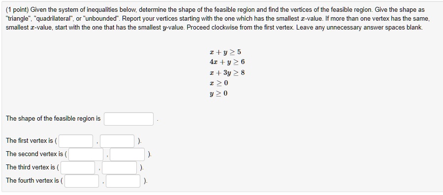 SOLVED: point) Given the system of inequalities below; determine the shape of the feasible ...